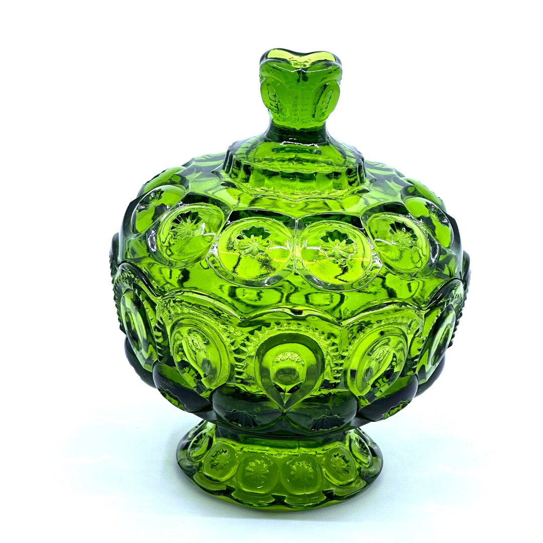 Vintage L.E. Smith Green Moon and Stars Glass Covered Compote - Etsy