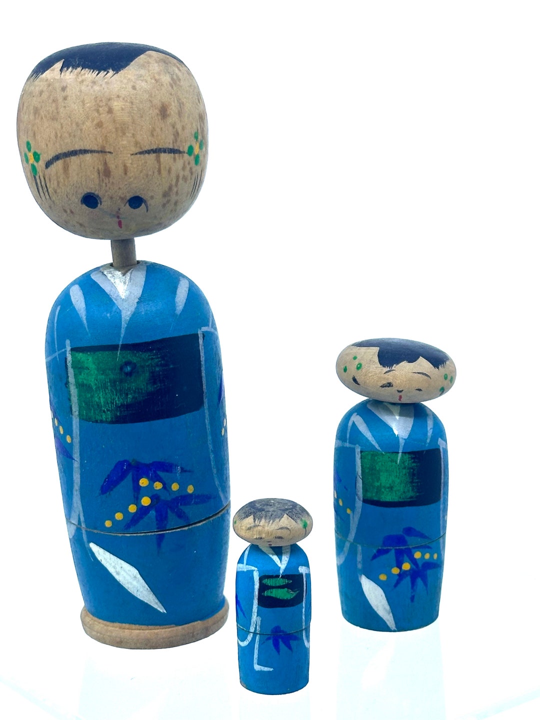 Kokeshi Japanese Bobble Head Nesting Dolls Set of 3 Wooden Hand Painted ...