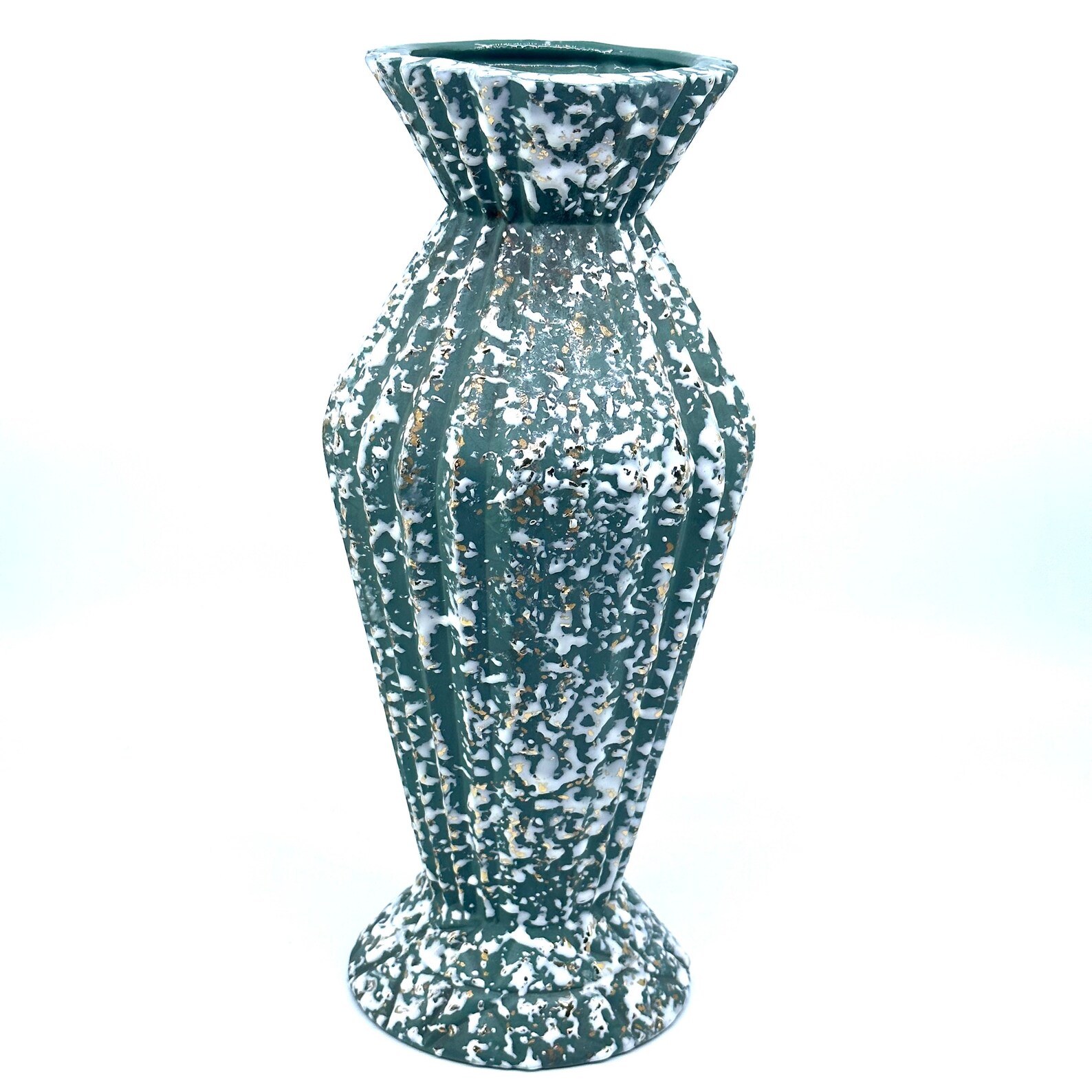Vintage MCM Savoy Deena Vertical Ribbed Gold White on Green 12" Vase - Etsy