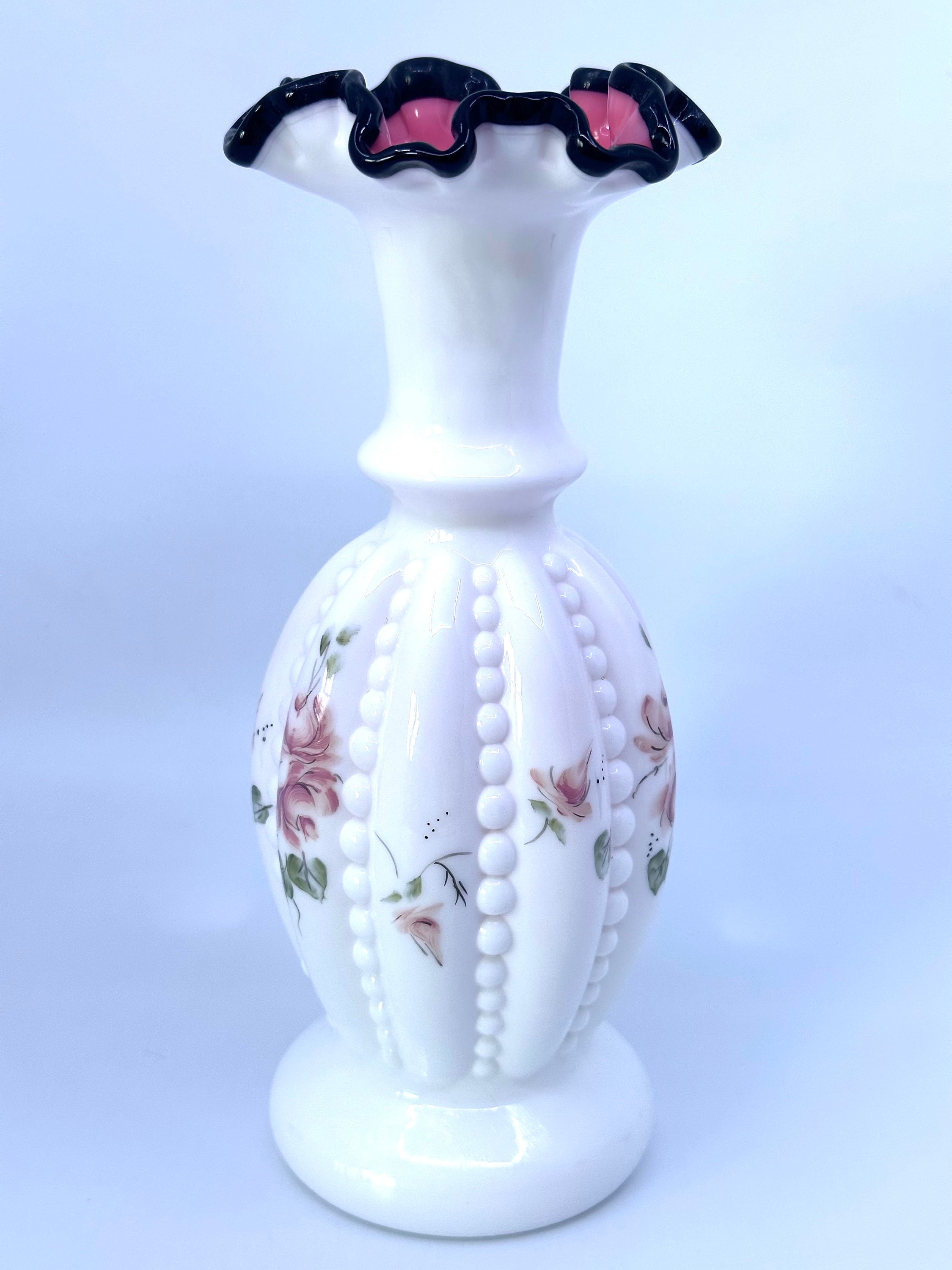 Fenton Black Rose Crest Milk Glass Beaded Melon Vase With Hand Painted ...