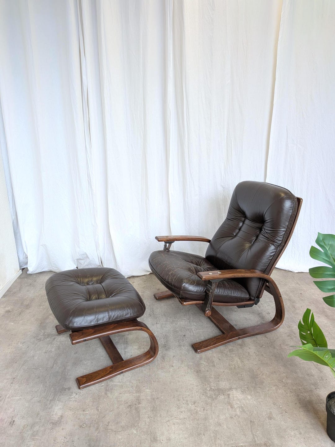 Vintage Panther Lounge Chair With Ottoman / Brown Leather Recliner ...