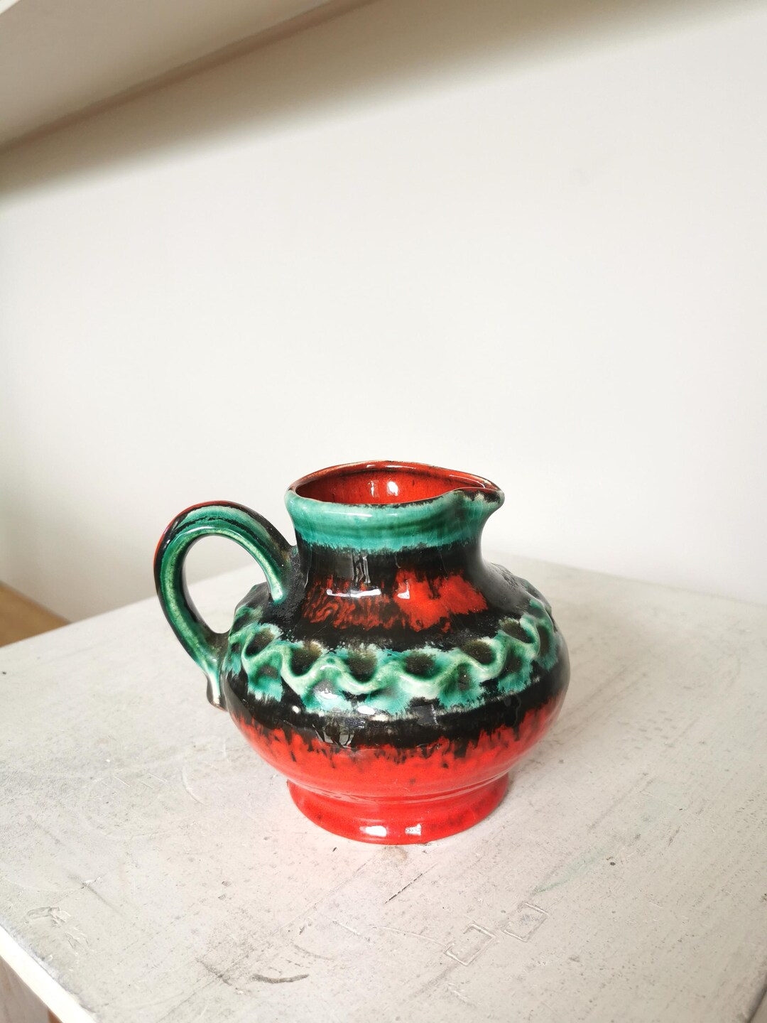 Fat Lava Pitcher Vase: Red Black Green Glaze, West German Pottery - Etsy