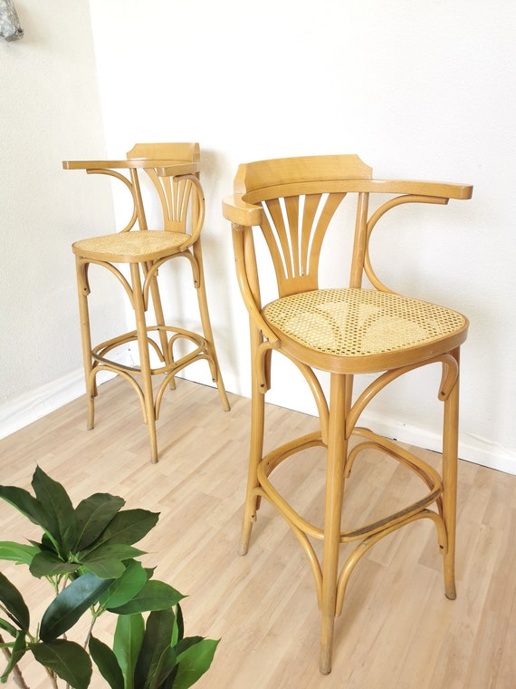1 of 2 Vintage Wooden High Bar Chairs in Thonet Sytle With Cane Seat Mid century Irish Pub Kitchen Counter Armchair With Armrest Etsy Canada