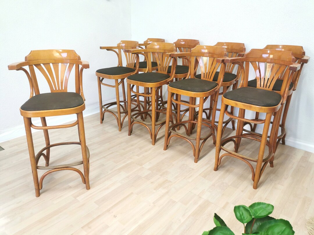1 of 9 Vintage Wooden High Bar Chairs in Thonet Sytle / Mid-century ...