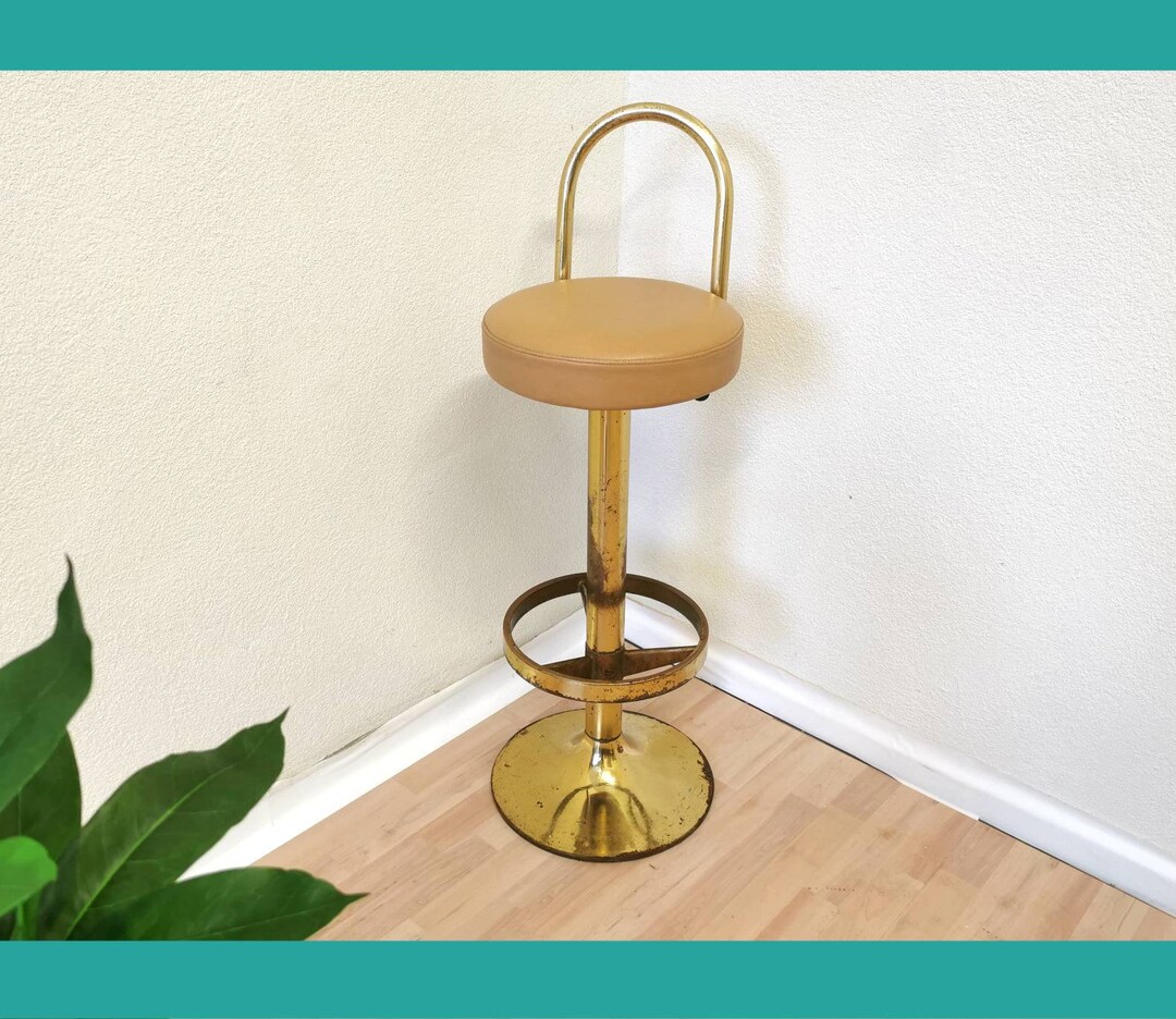 Mid-century Modern Gold Bar Stool / Vintage Elegant Round High Chair ...