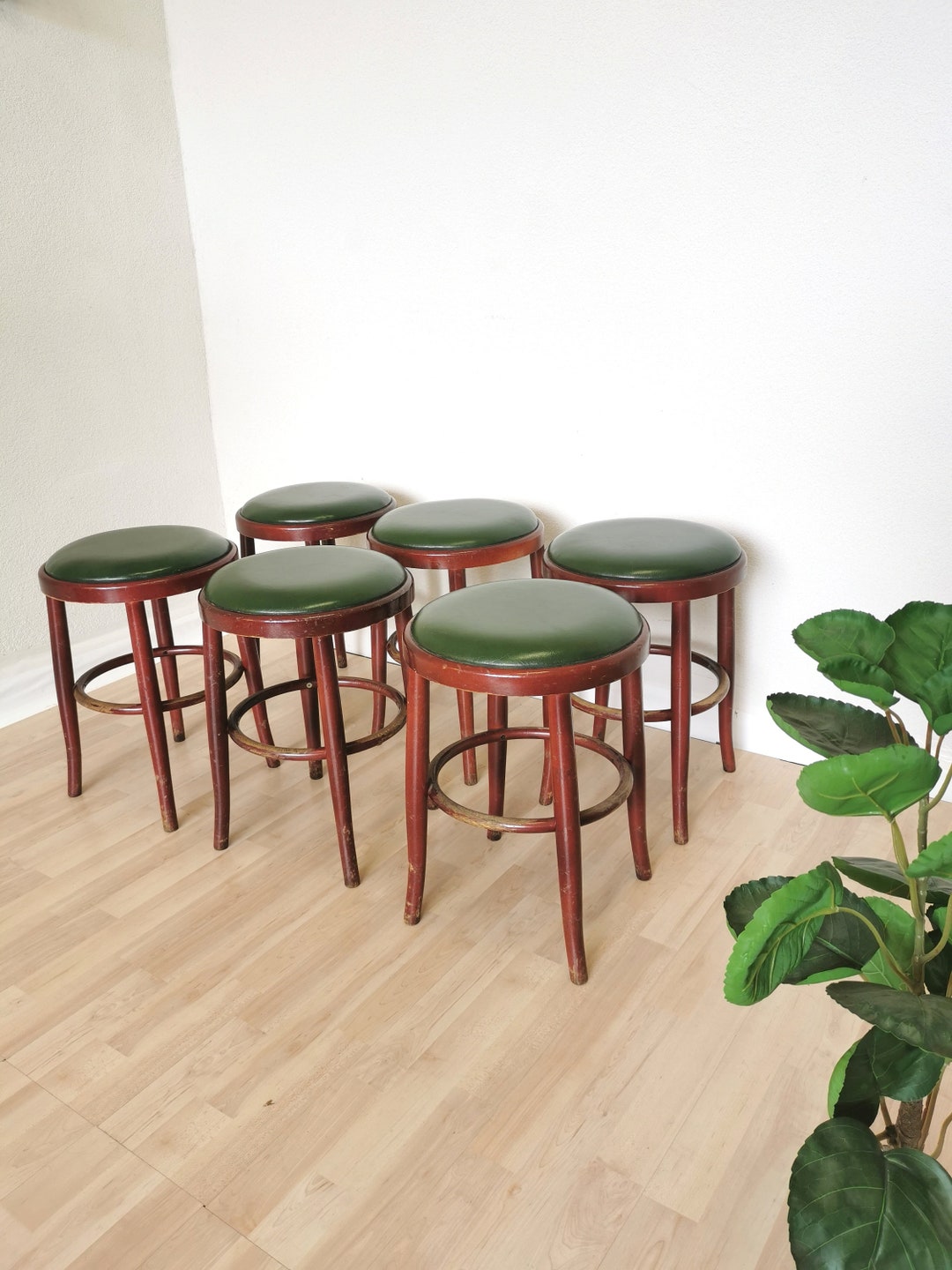 SET OF 6 Vintage Wooden Irish Pub Stools With Green Leather Seat ...