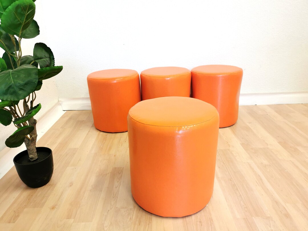 1 of 4 Vintage Stool in Orange Leather / Retro Small Foamed Taburetes ...
