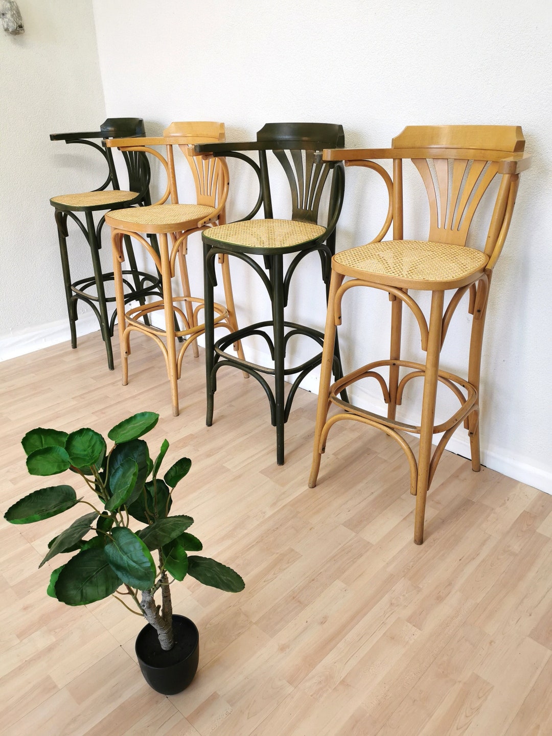 SET of 4 Vintage Wooden High Bar Chairs in Thonet Sytle With Cane Seat ...