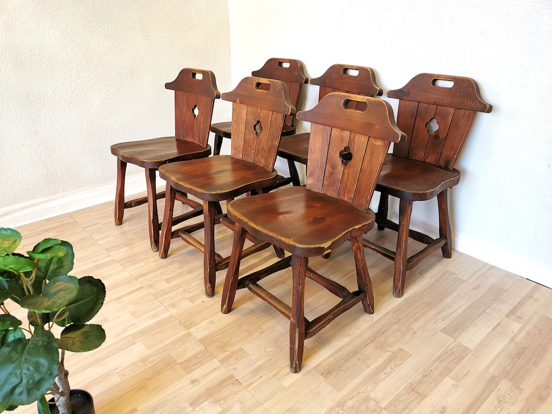 SET OF 6 Vintage Wooden Massive Dining Chairs / Batch of Mid-century ...