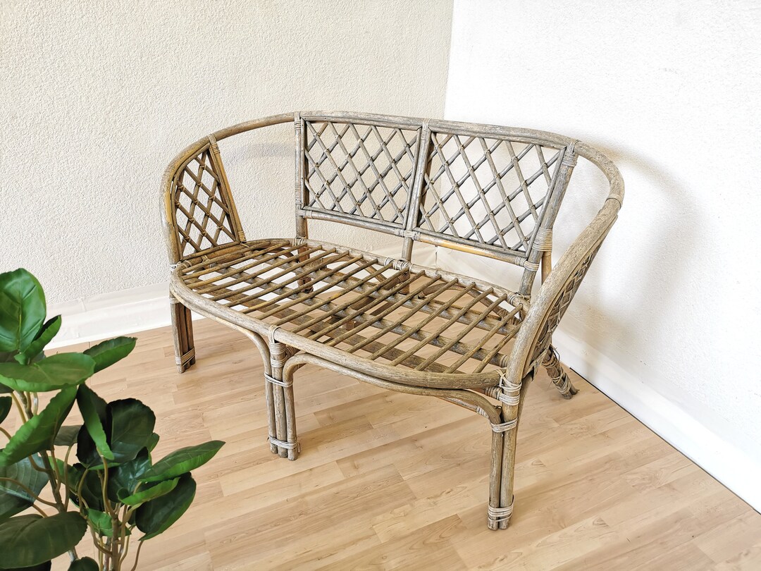 Vintage Bamboo Rattan Bench / Boho 1980s Patio Balcony Furniture / Mid ...
