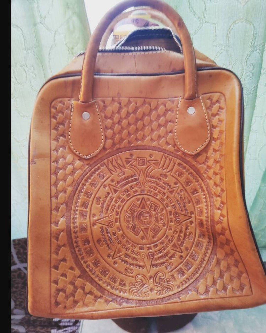 Tooled Leather Aztec Weekend Bag or Bowling Bag.1970s Handmade in ...