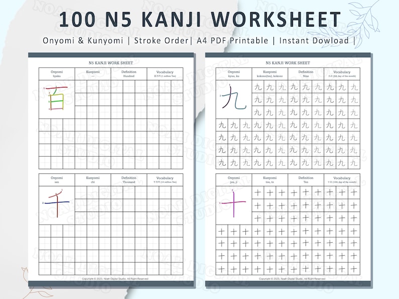 100 JLPT N5 Kanji Worksheet: Onyomi, Kunyomi, Definitions, and Stroke Order | A4 Printables ...