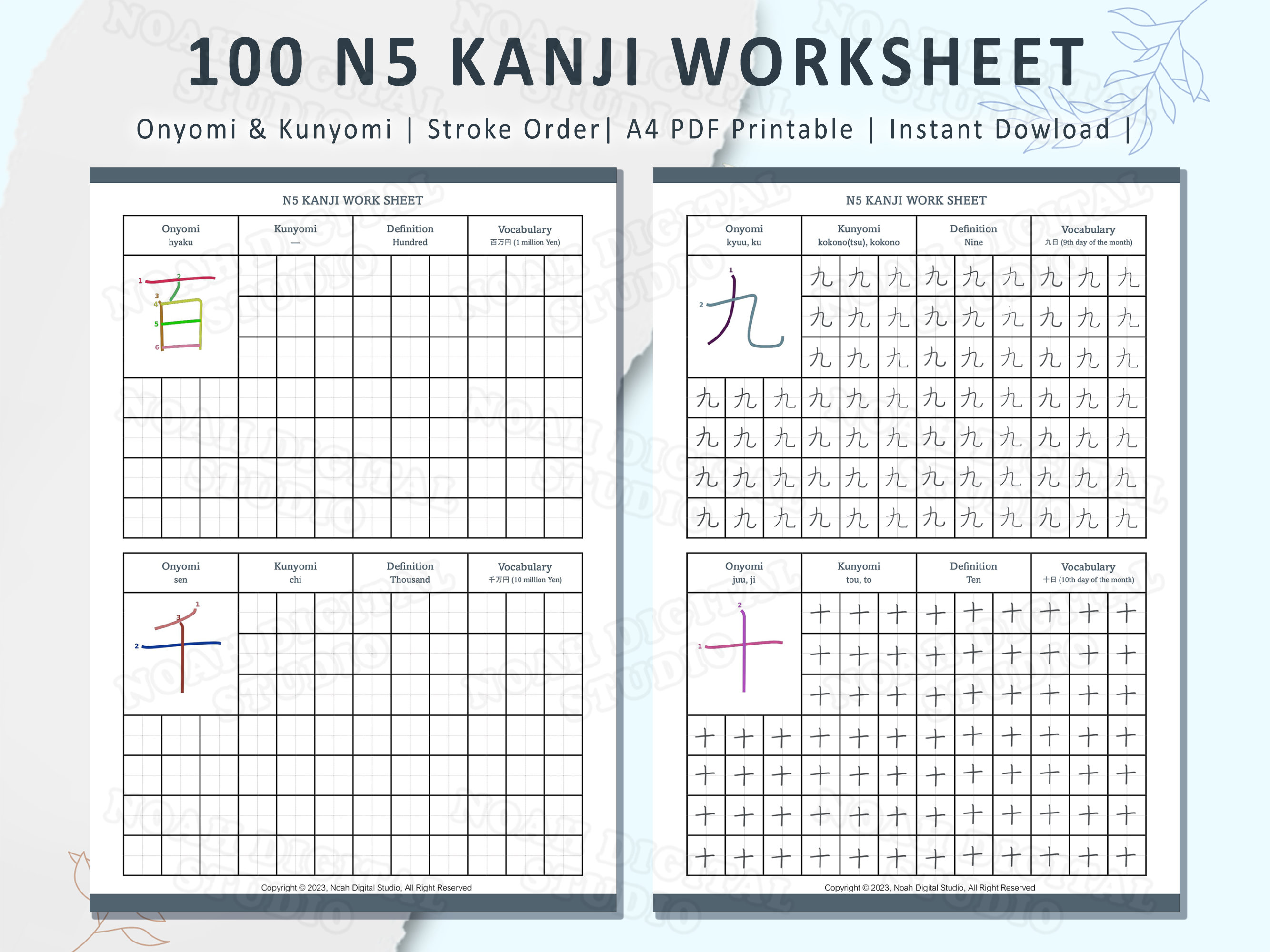 100 JLPT N5 Kanji Worksheet: Onyomi, Kunyomi, Definitions, and Stroke ...