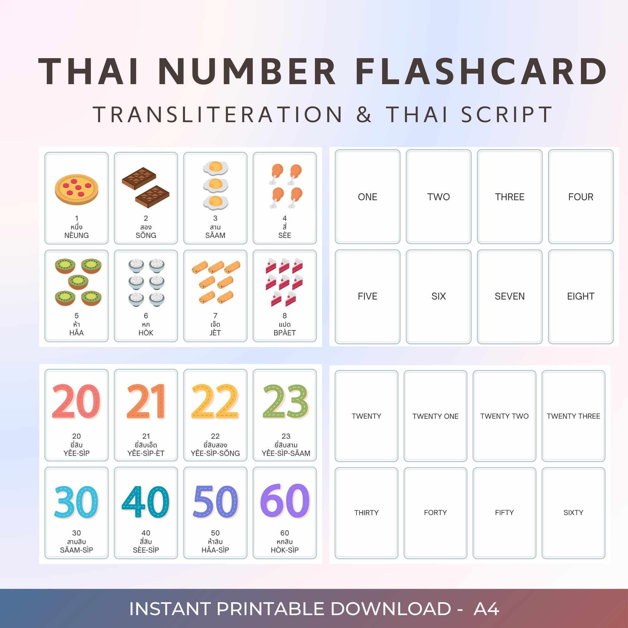Printable Thai Number Flashcards | Learn Thai Numbers 1 -1,000,000,000 ...