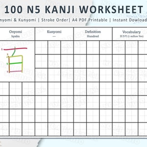 100 JLPT N5 Kanji Worksheet: Onyomi, Kunyomi, Definitions, and Stroke Order | A4 Printables ...