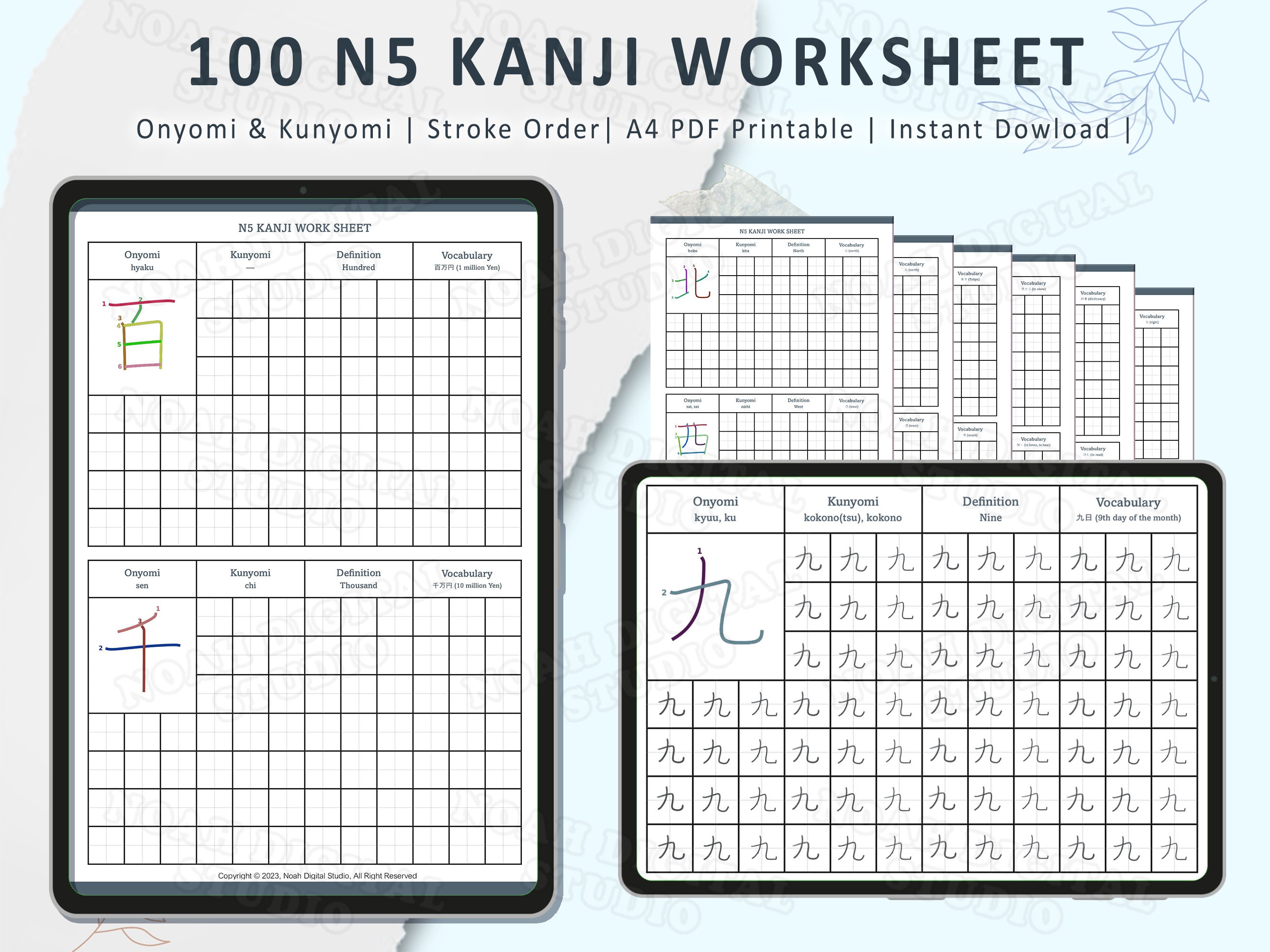 100 JLPT N5 Kanji Worksheet: Onyomi, Kunyomi, Definitions, and Stroke ...
