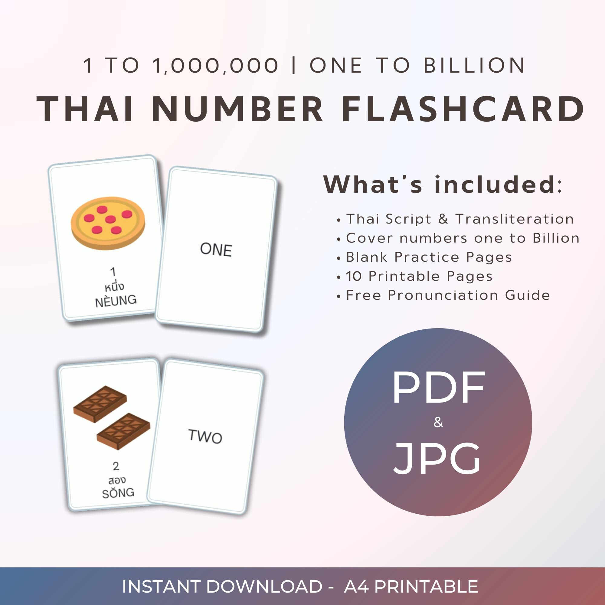 Printable Thai Number Flashcards | Learn Thai Numbers 1 -1,000,000,000 ...
