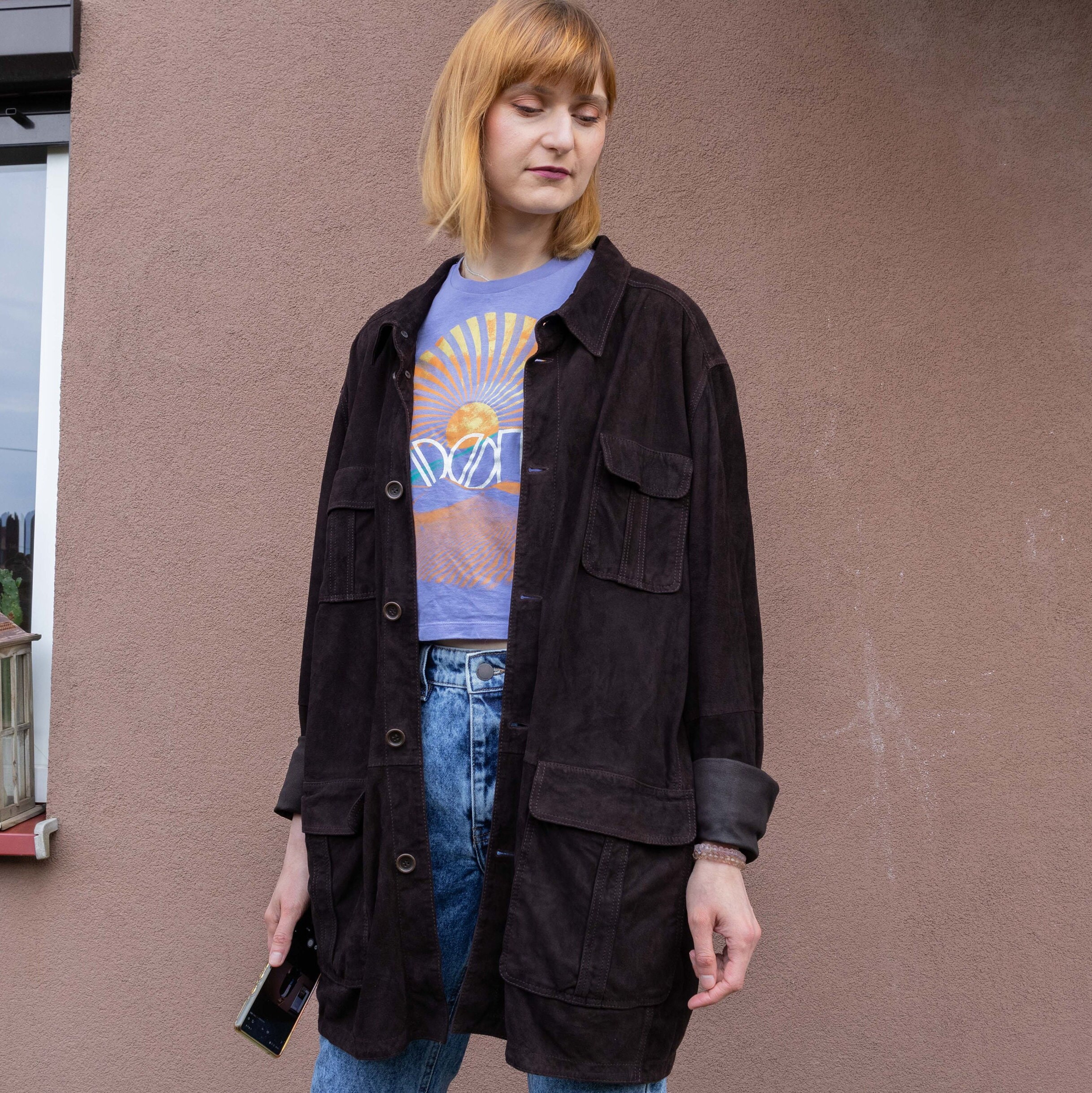 Dark Brown Real Suede Shirt Jacket Size L-XL Real Suede Hippie Jacket ...