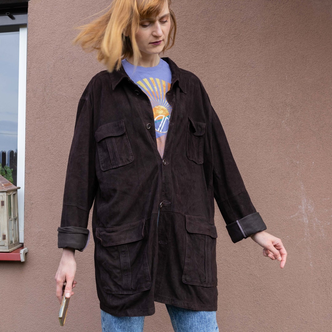 Dark Brown Real Suede Shirt Jacket - Size L-XL - Real Suede Hippie ...