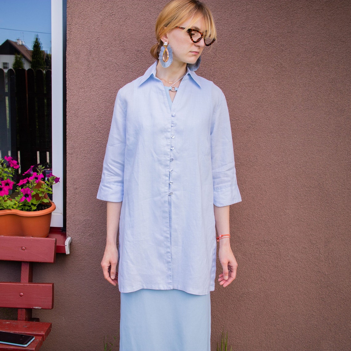 Light Blue Linen Woman Shirt - Blue Linen Blouse - Short Sleeve Linen ...