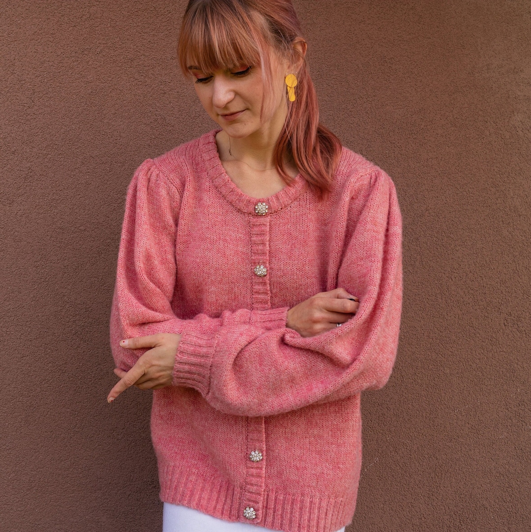 Pink Chunky Sweater With Shining Rhinestone Crystal Buttons Puff Sleeve ...