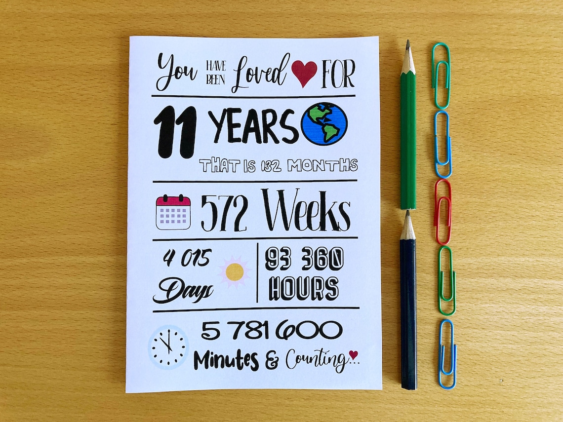 Printable 11th Birthday Card, 11th Birthday, Loved for 11 Years ...