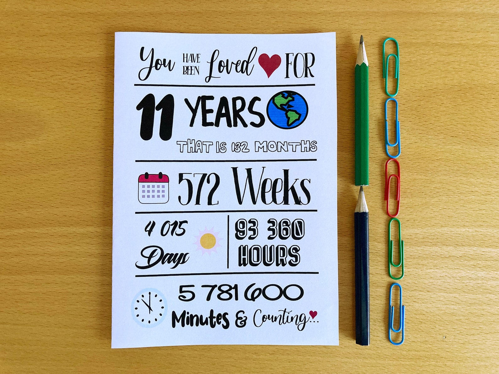 Printable 11th Birthday Card, 11th Birthday, Loved for 11 Years ...