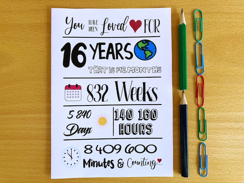 Printable 16th Birthday Card, Loved for 16 Years, Instant Download ...
