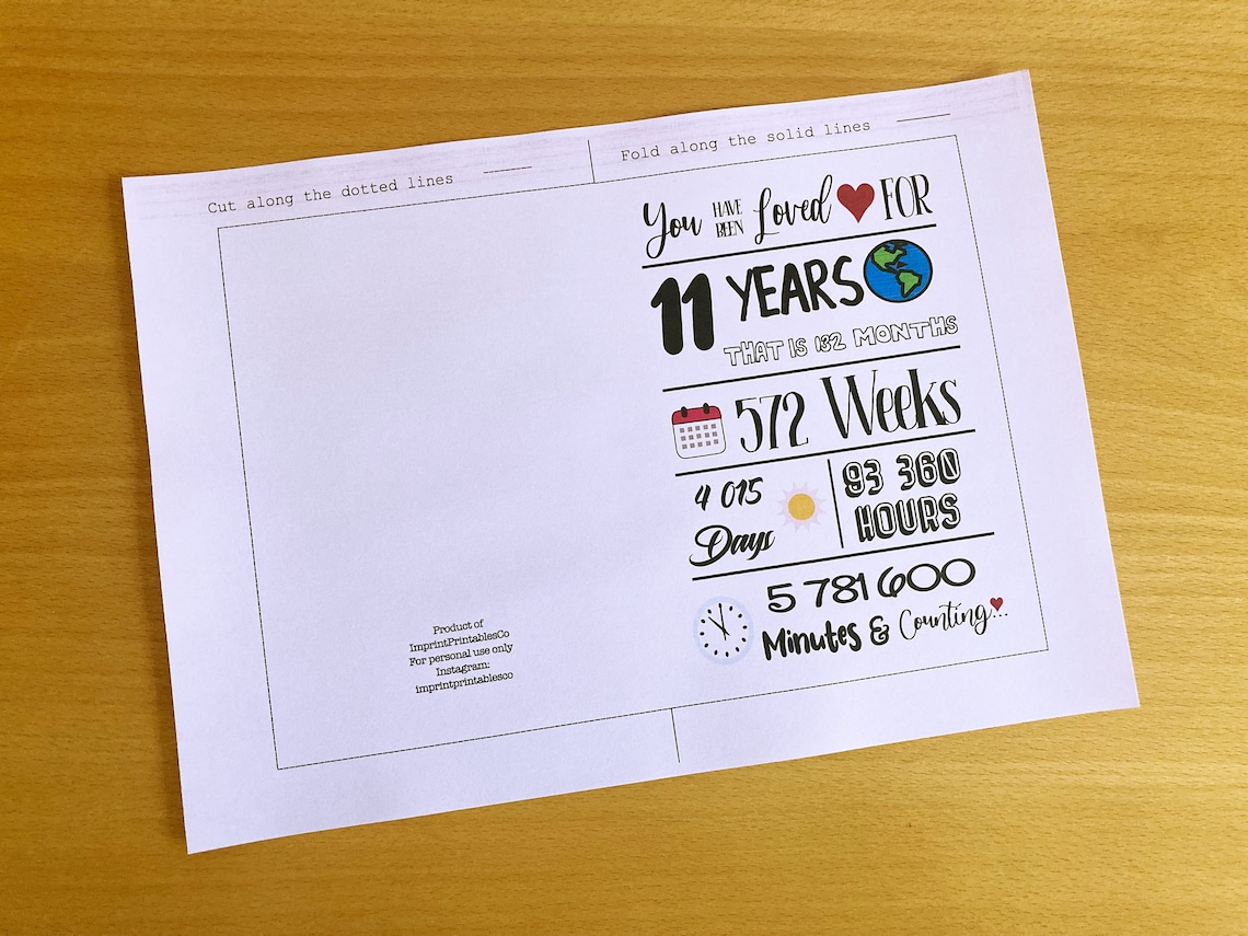 Printable 11th Birthday Card, 11th Birthday, Loved for 11 Years ...