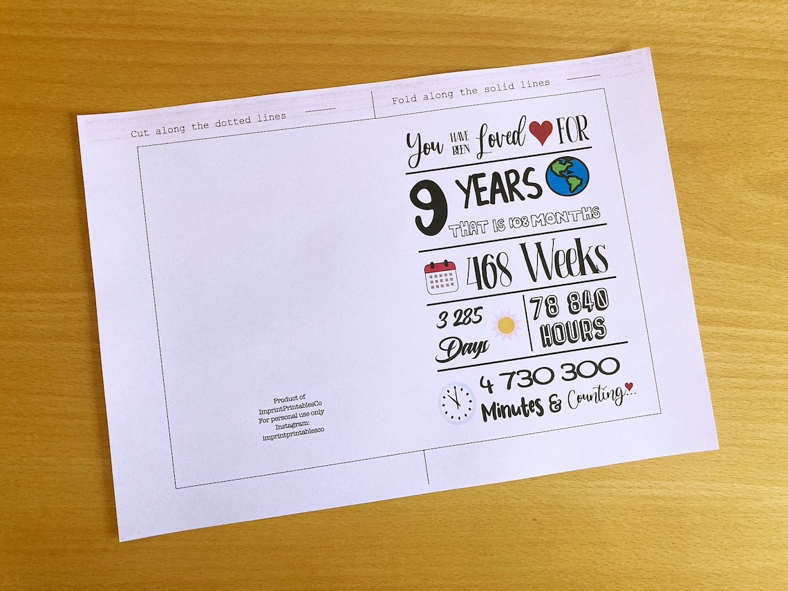 Printable 9th Birthday Card, Loved for 9 Years, Instant Download, 9th ...