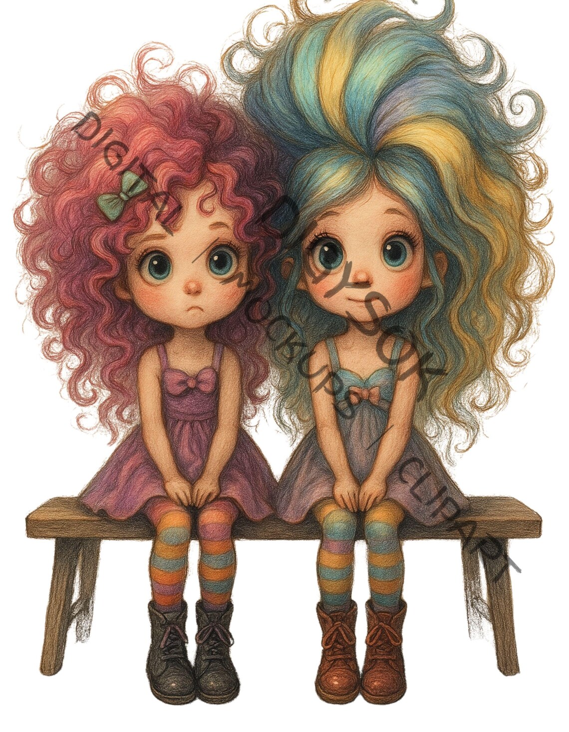 Cute Sisters Watercolor Clipart, Whimsical Ephemera (JPG Images) - Etsy