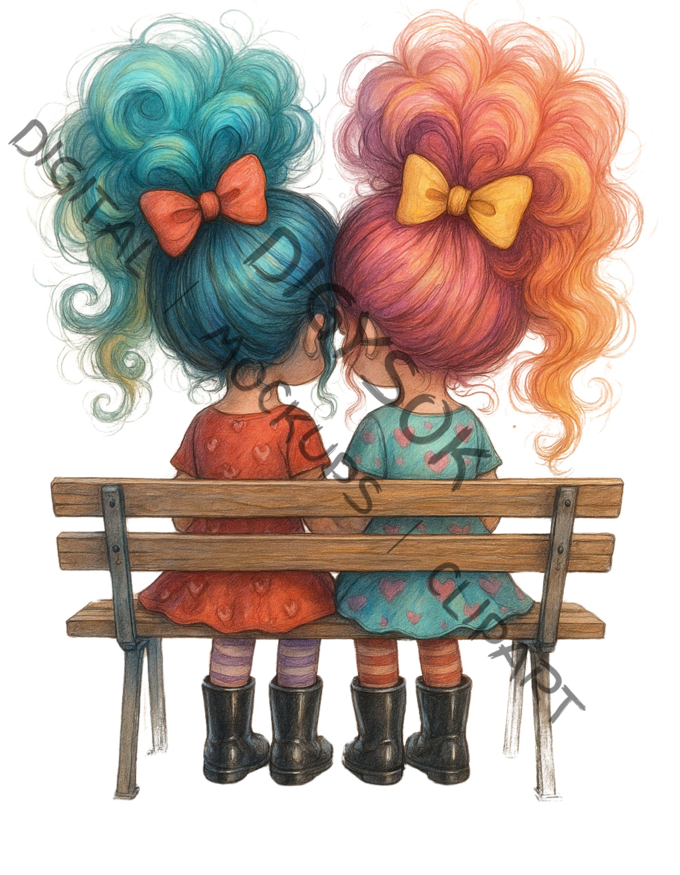Cute Sisters Watercolor Clipart, Whimsical Ephemera (JPG Images) - Etsy