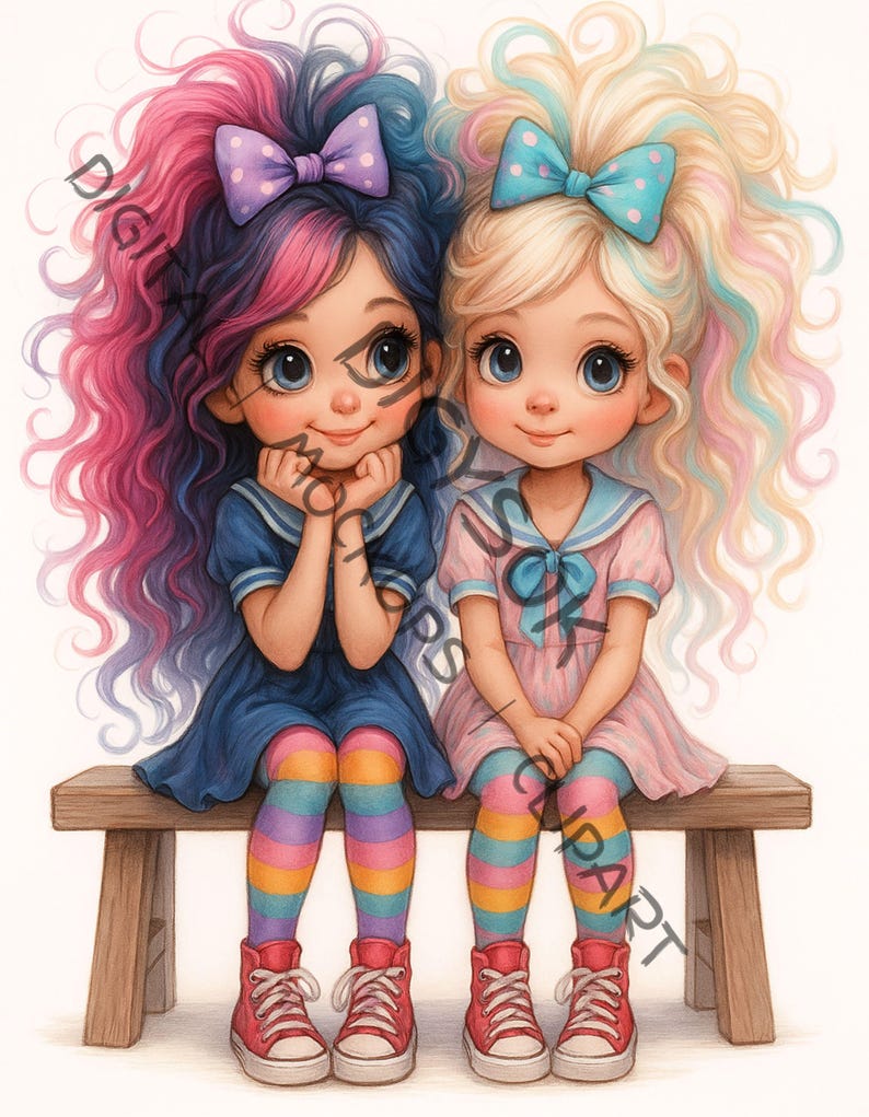 Cute Sisters Watercolor Clipart, Whimsical Ephemera (JPG Images) - Etsy