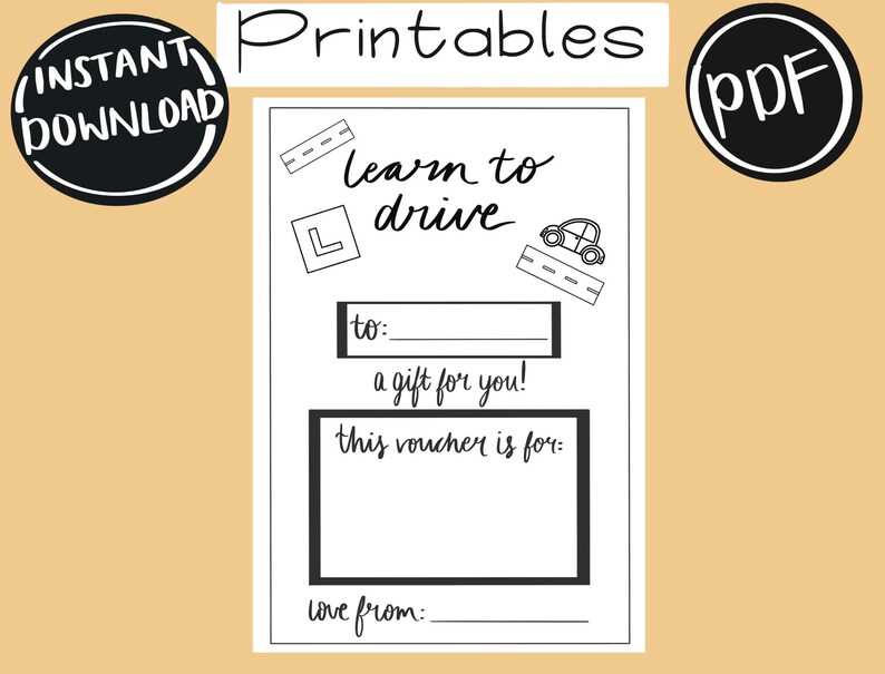 Printable Driving Lessons Gift Certificate Page// Digital Gift Voucher ...