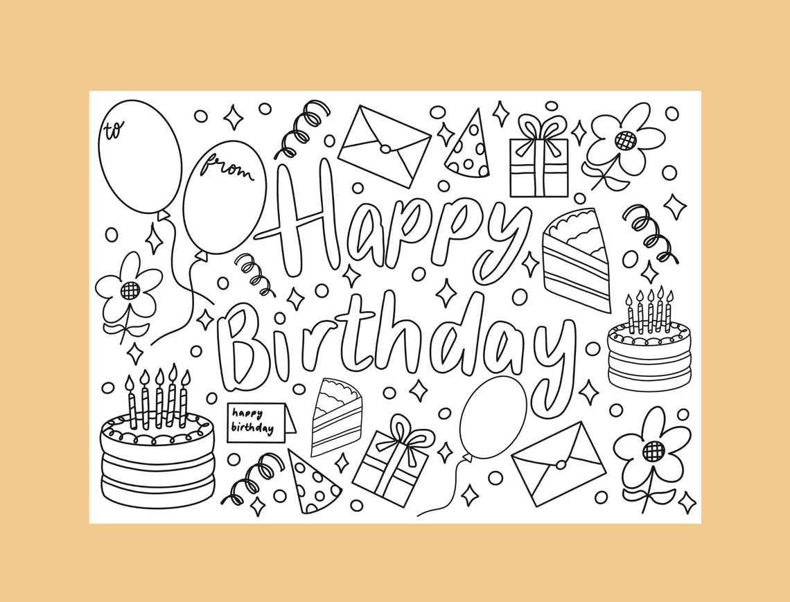 Happy Birthday Coloring Page Printables, Digital Colouring Card for ...