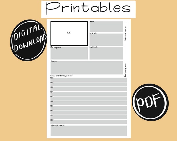 Family Tree History Sheet// Family History Person Sheet, UK Census ...