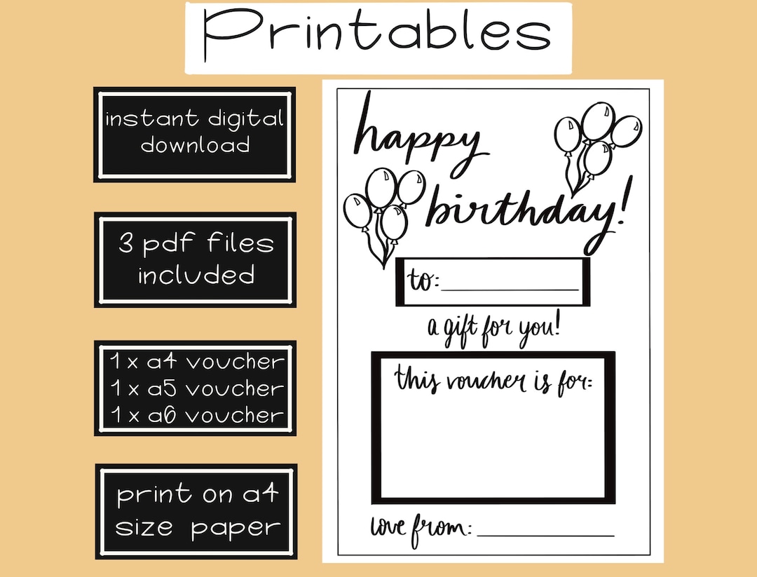 Printable Birthday Gift Certificate// Happy Birthday Voucher, Print at ...