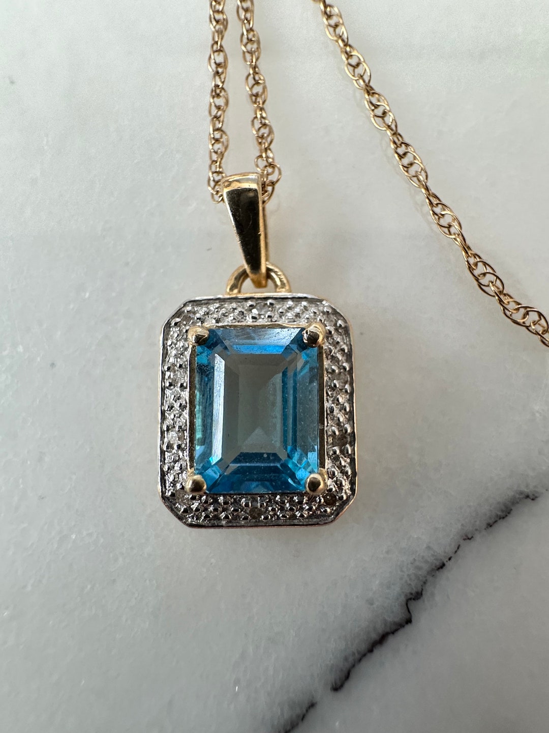 Hallmark Vintage 14K Gold Rectangular Blue Topaz Diamond Halo Pendant ...