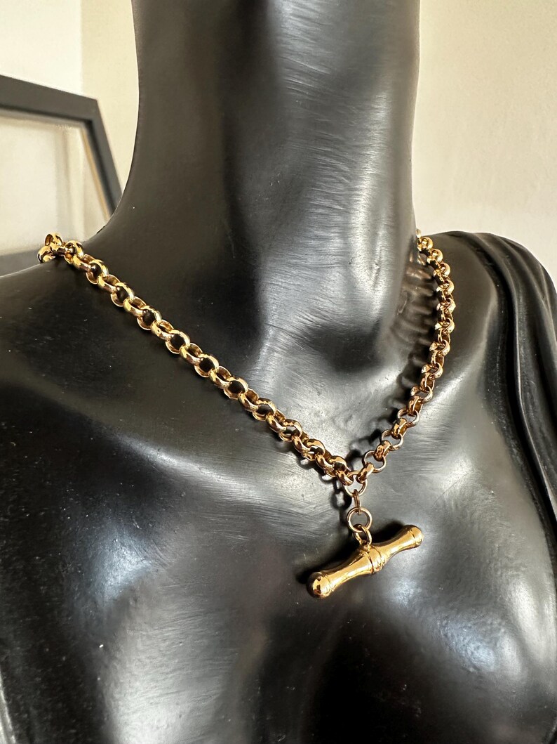 Vintage 9K Yellow Gold Belcher Chain Necklace With T-bar & Albert Clip ...