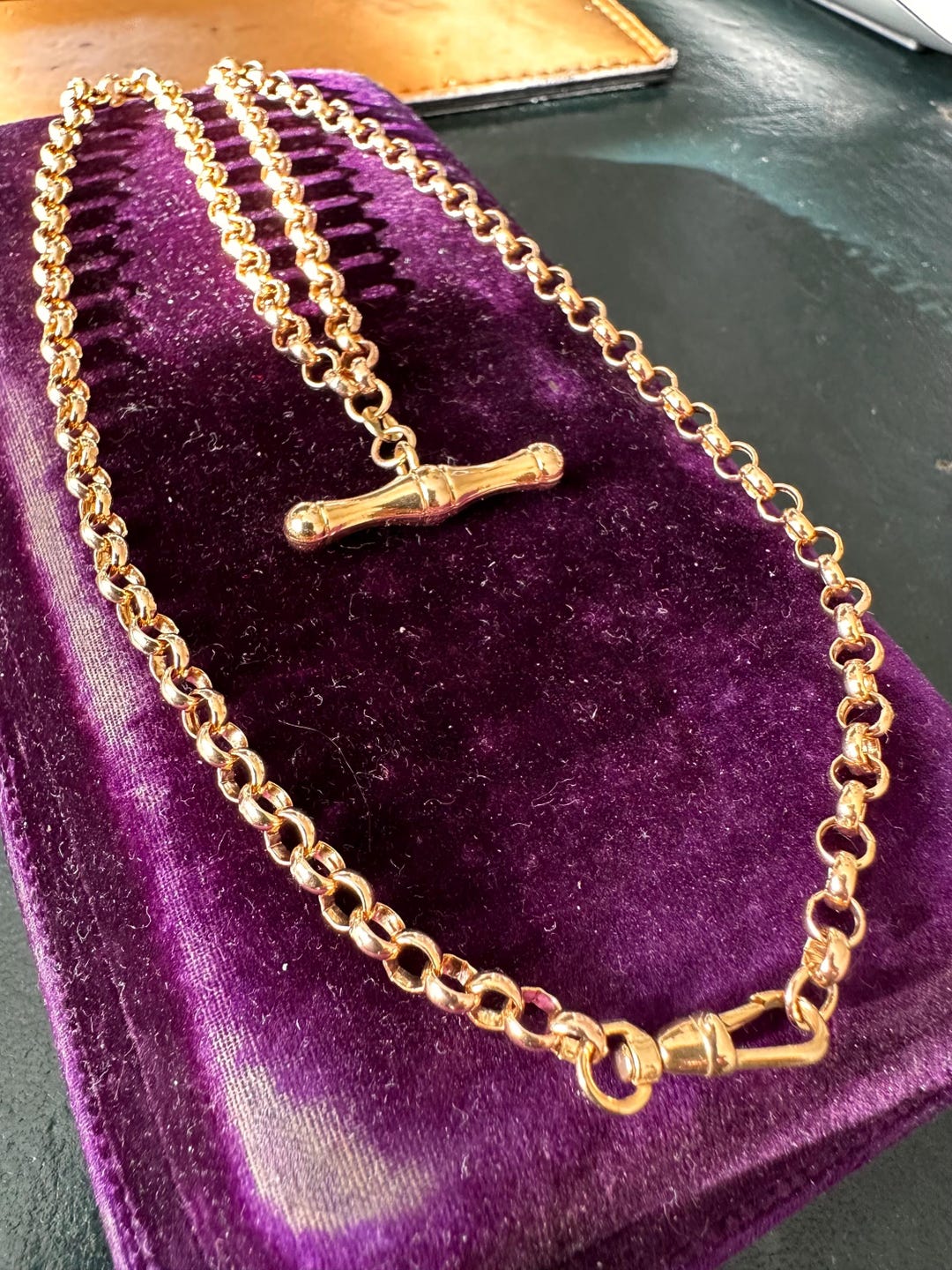 Vintage 9K Yellow Gold Belcher Chain Necklace With T-bar & Albert Clip ...