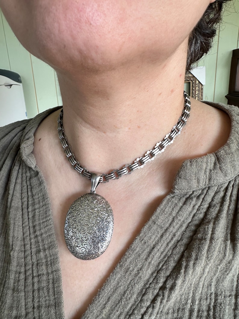 Victorian Antique LARGE Silver Engraved Foliate Oval Locket Pendant 6 ...