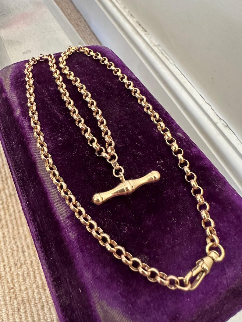 Vintage 9K Yellow Gold Belcher Chain Necklace With T-bar & Albert Clip ...