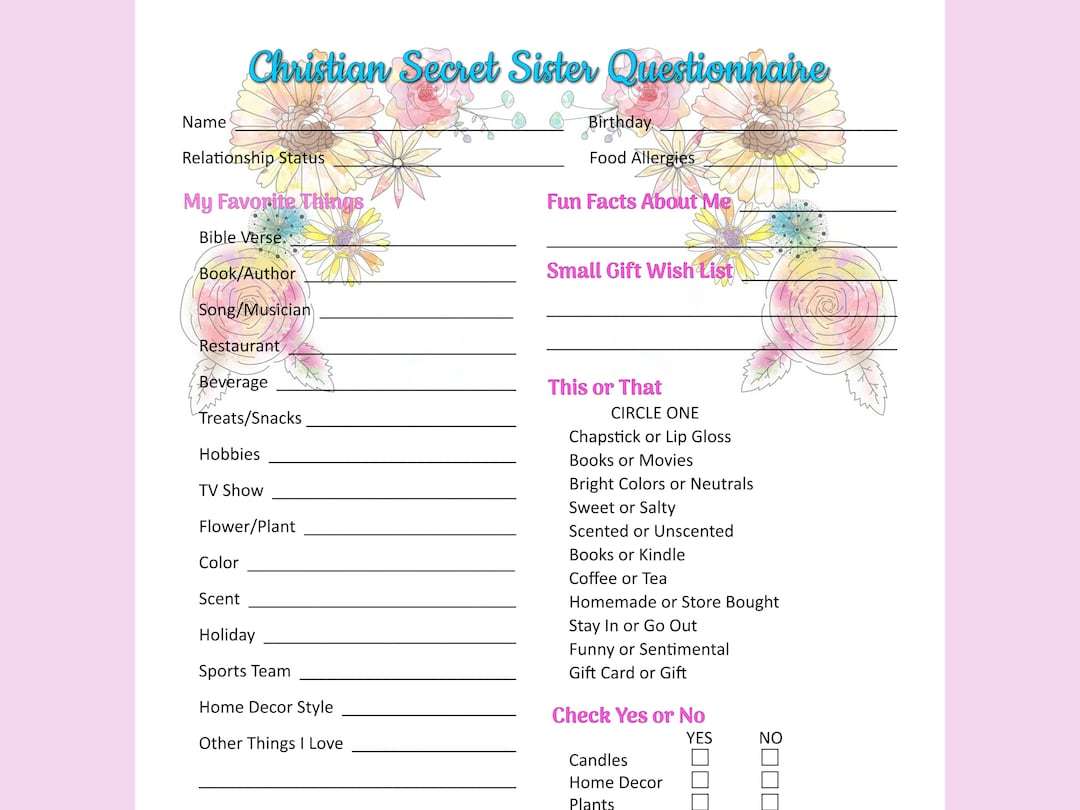 Christian Secret Sister Questionnaire for Church Womens Ministry ...