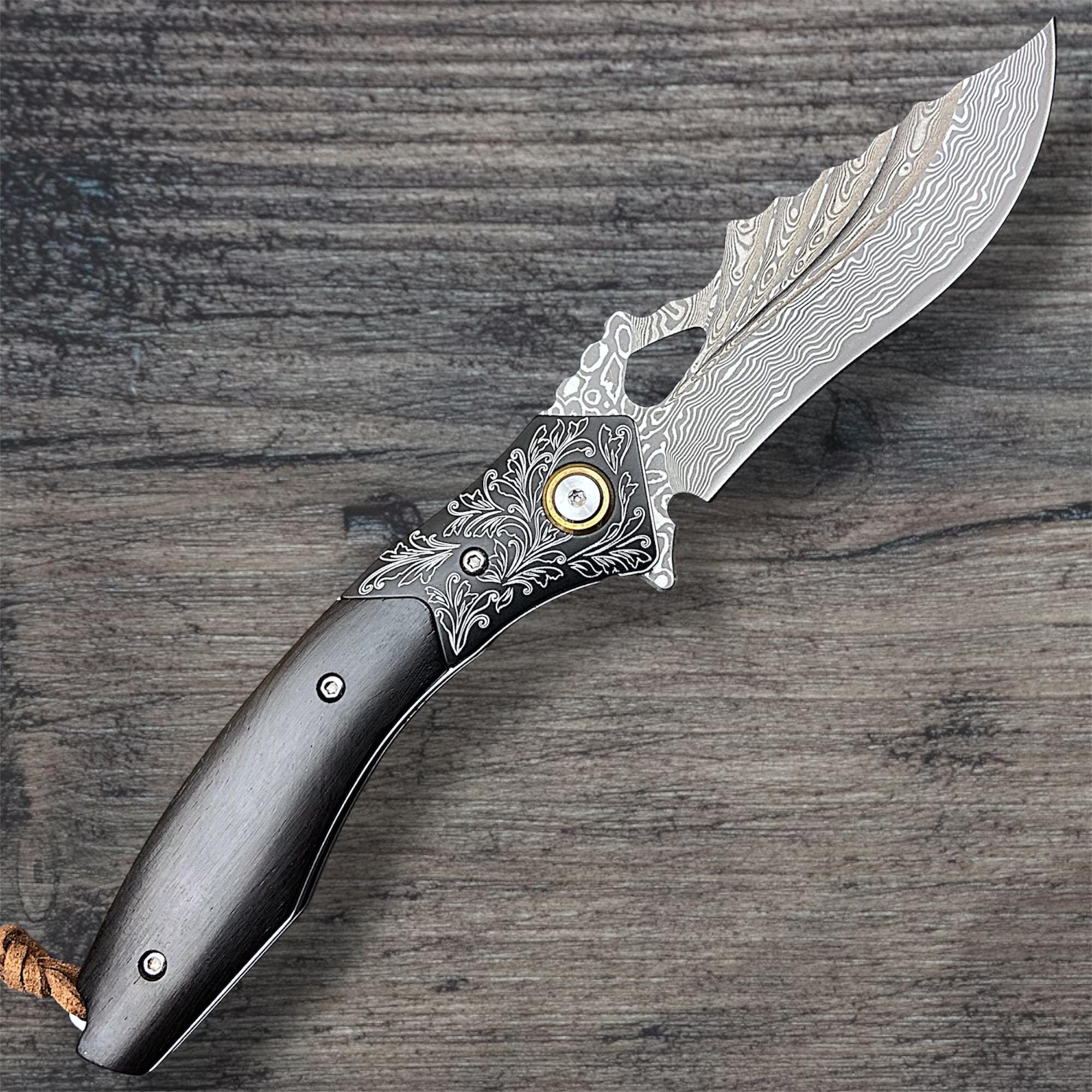 Damascus Steel Folding Knife: VG10 Core, Ebony Handle, Leather Sheath ...