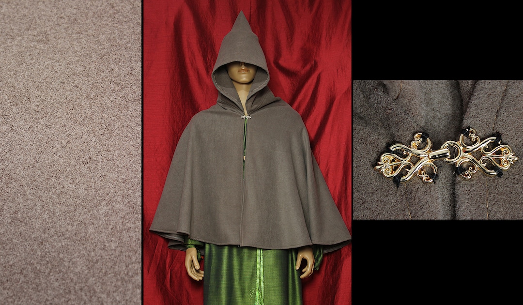 Thick and Heavy Woolen Cloak Cape With Hood and Metal Clasps, Overlay ...