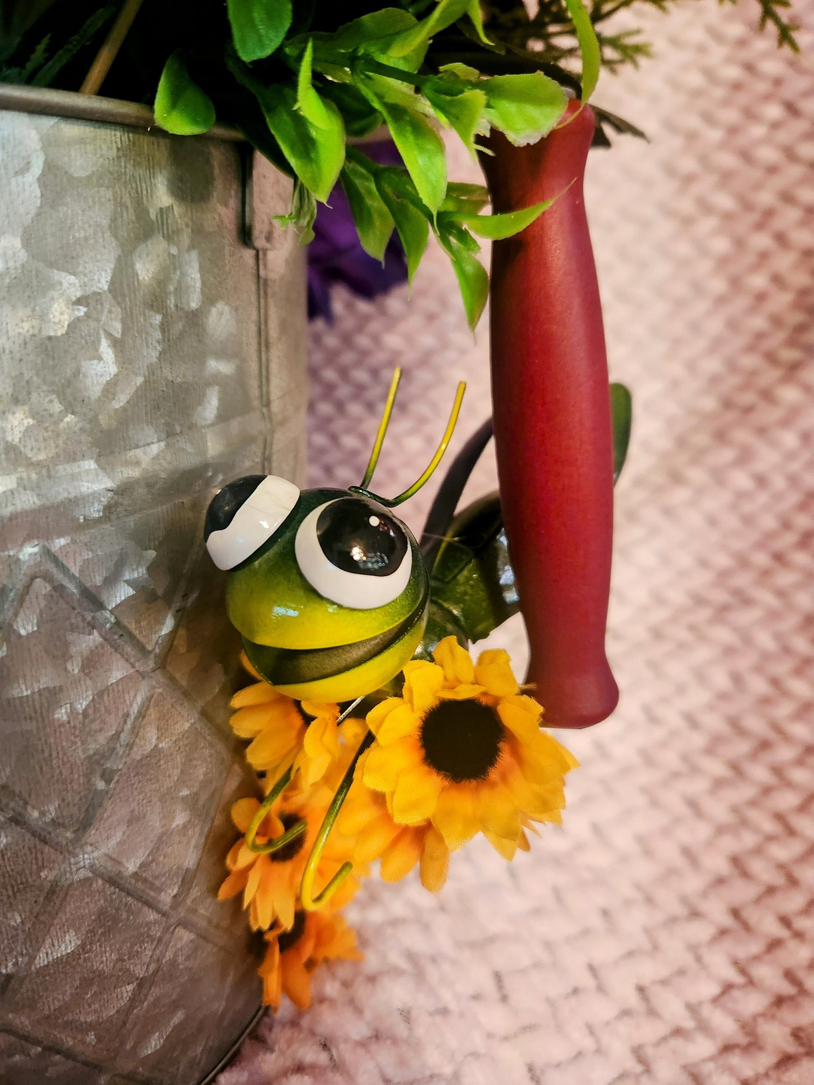 Table Display, Floral Watering Can, Bumble Bee, Grasshopper, Country Display, Housewarming, Home ...