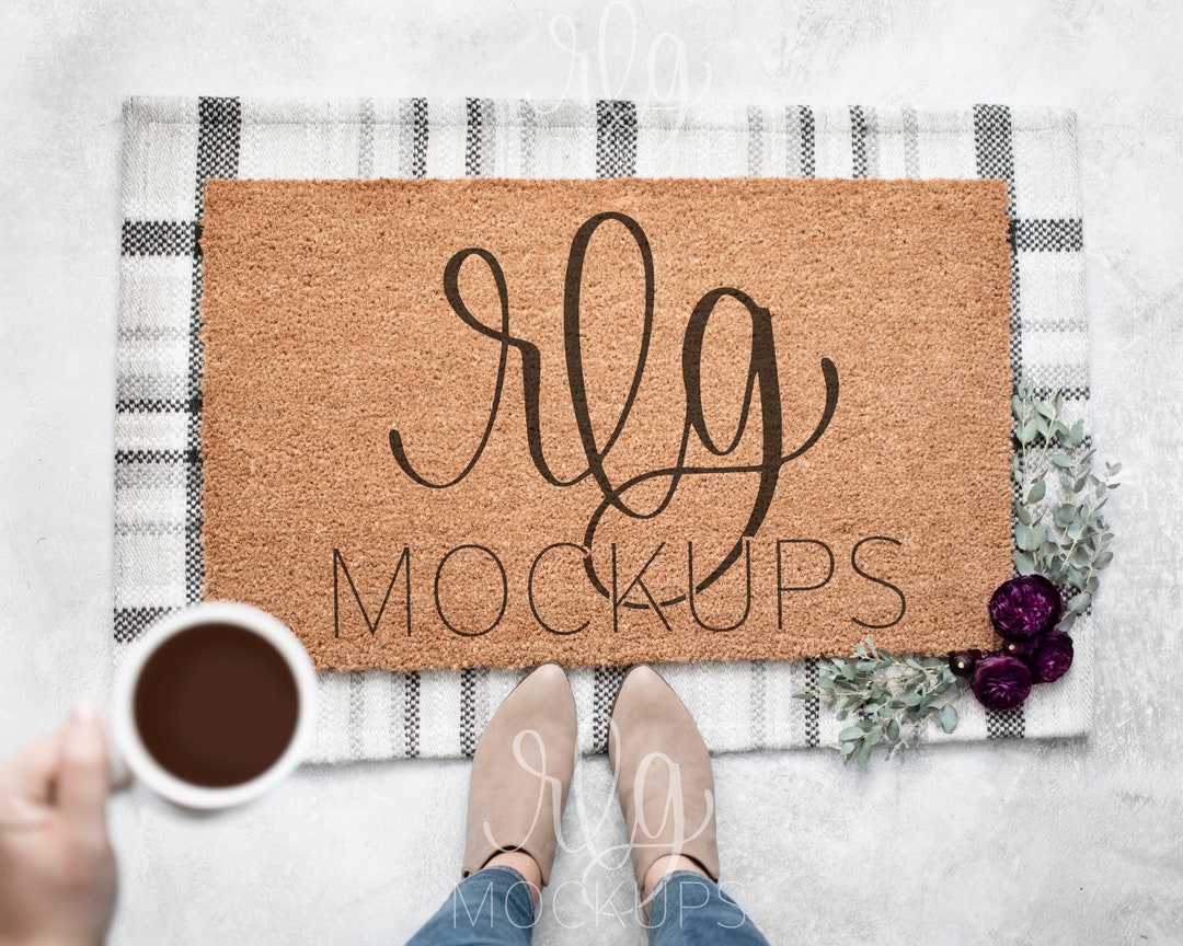 Welcome Mat Mockup Coir Mat Photo Stock Photo Out of Focus Coffee Mug ...
