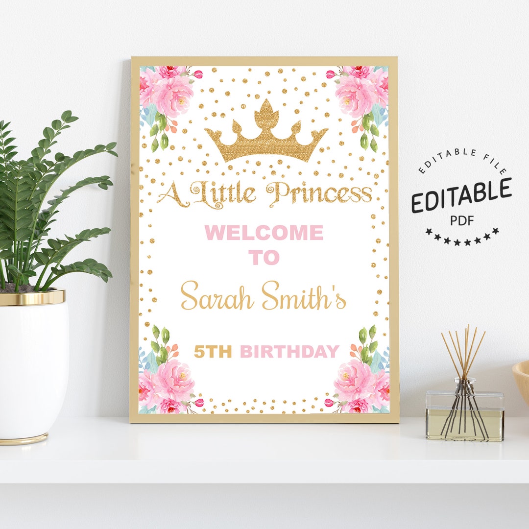 Princess Welcome Sign, Princess Birthday Sign Printable, Princess ...
