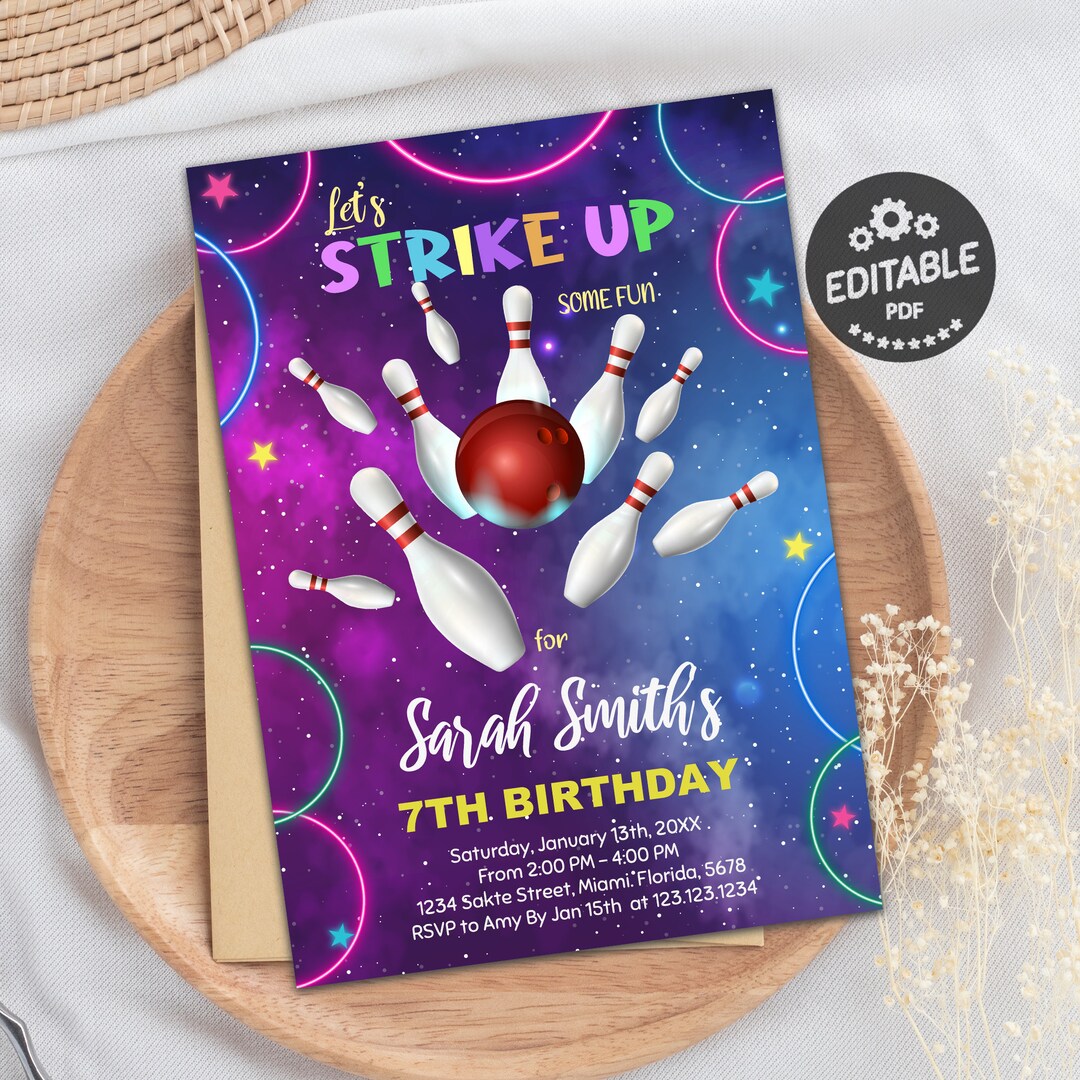Bowling Invitation Bowling Birthday Invitation Neon Bowling Etsy