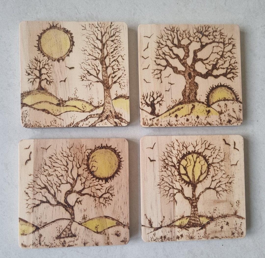 Set of 4 Beautiful Trees Sun & Hills,pyrography Art Hand Painted ...